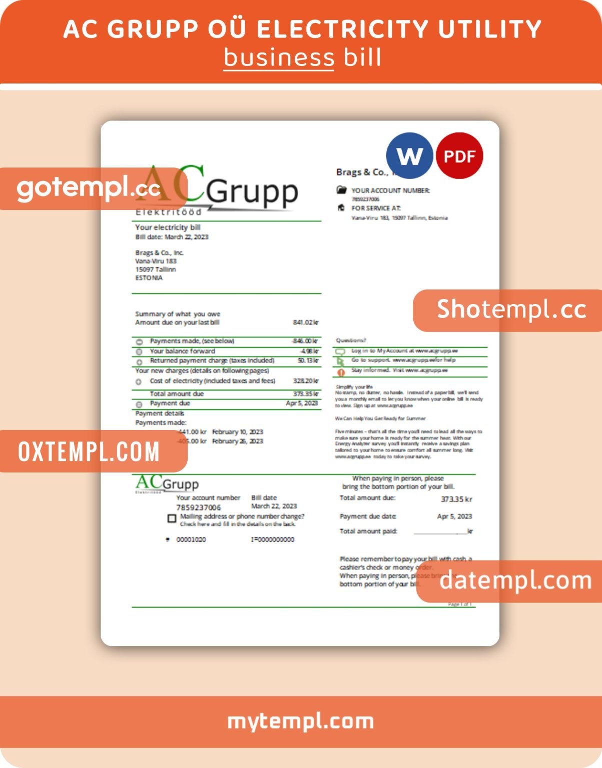 Electric Ireland utility business bill, Word and PDF template ...