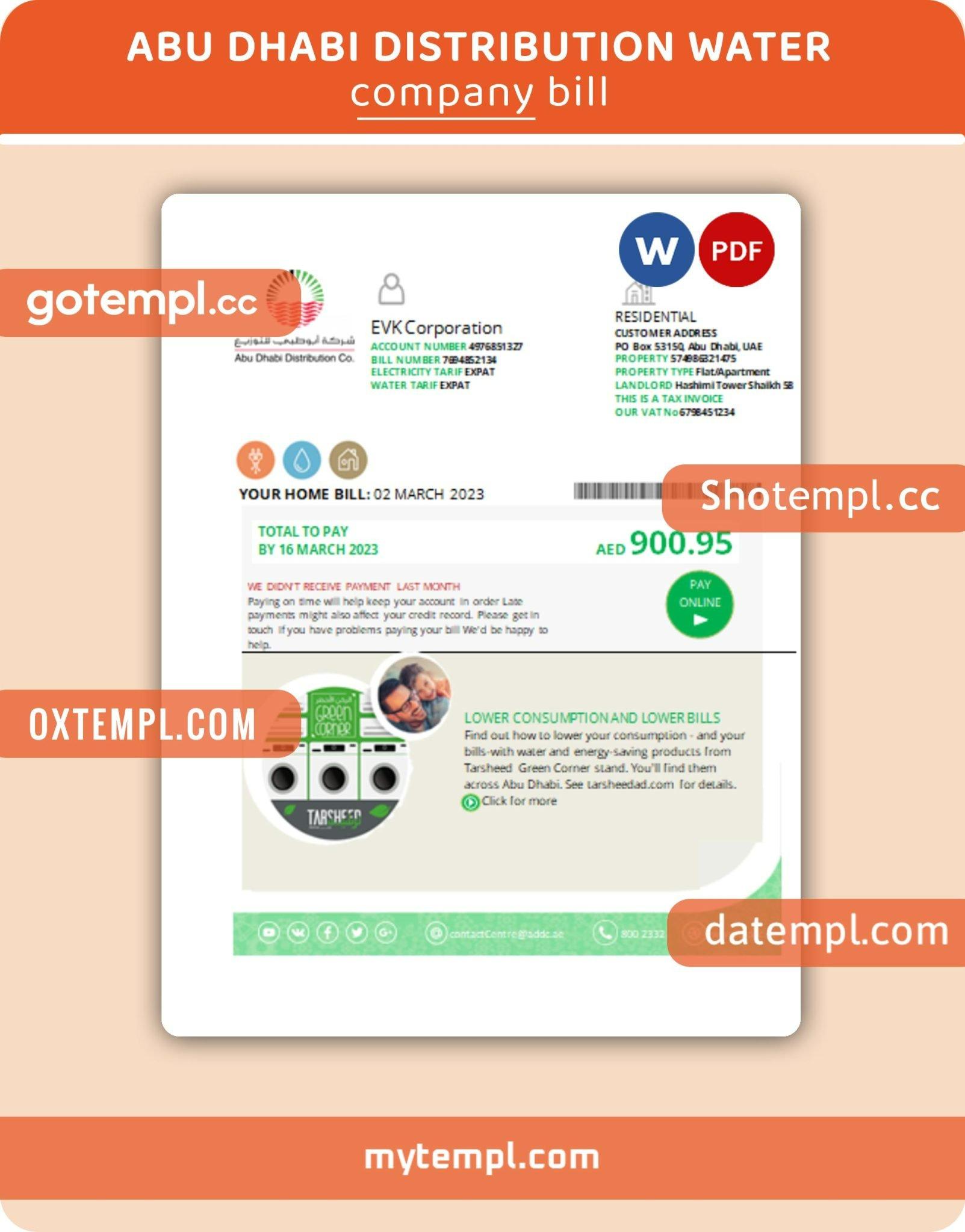 Abu Dhabi Distribution water business utility bill, Word and PDF ...