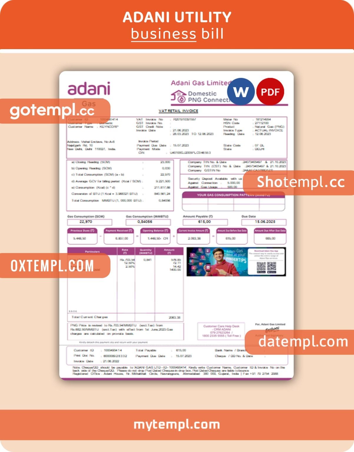 Adani business utility bill, Word and PDF template | download at ...
