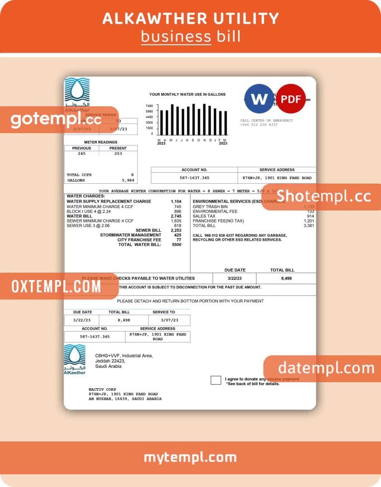 Electric Ireland utility business bill, Word and PDF template ...