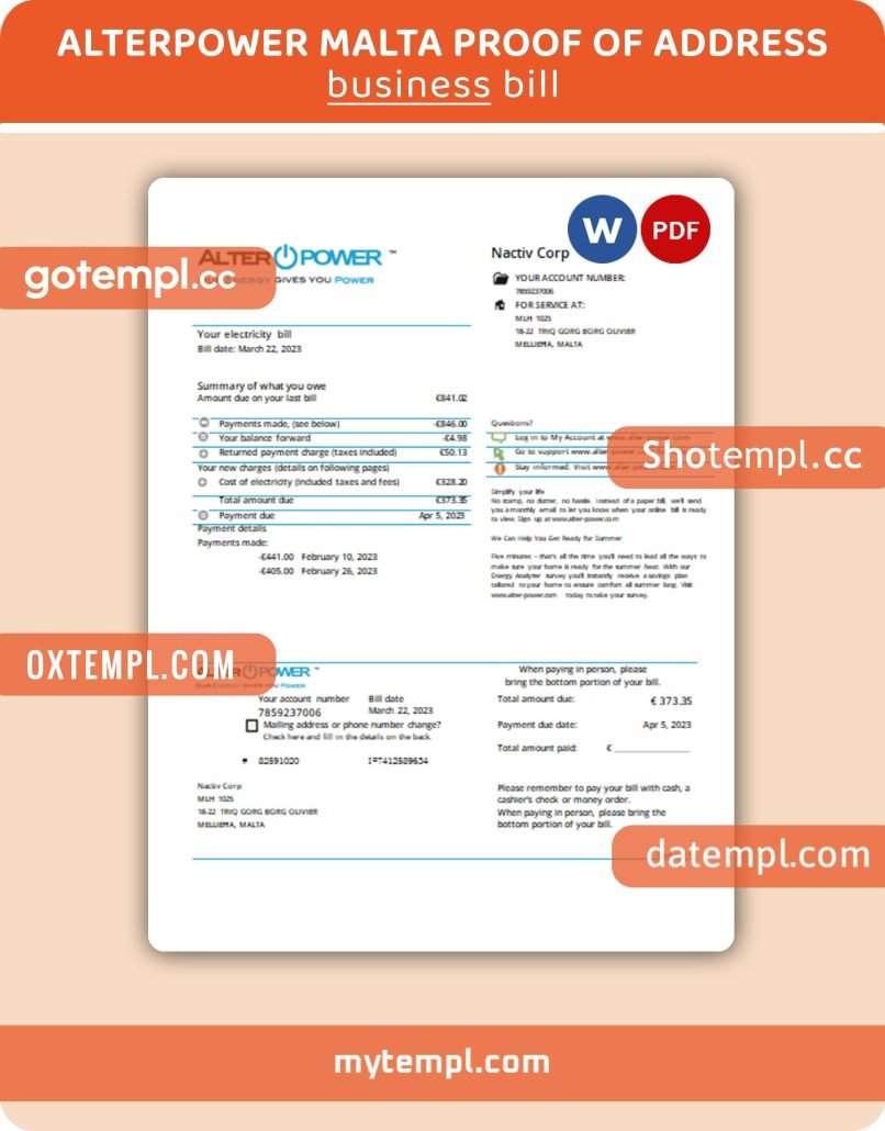 Albanian Power Corporation business utility bill, Word and PDF template ...