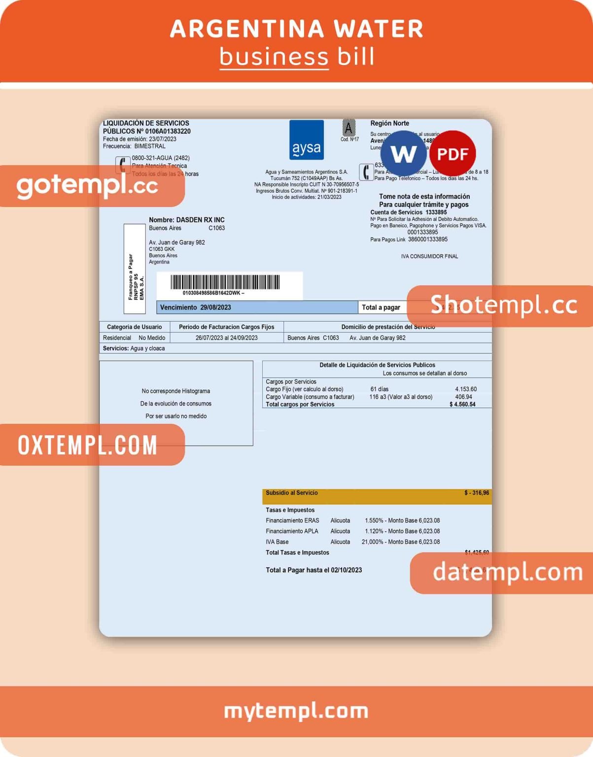 Noor Life Pure Water LLC business utility bill,PDF and WORD template | download at gotempl.pro