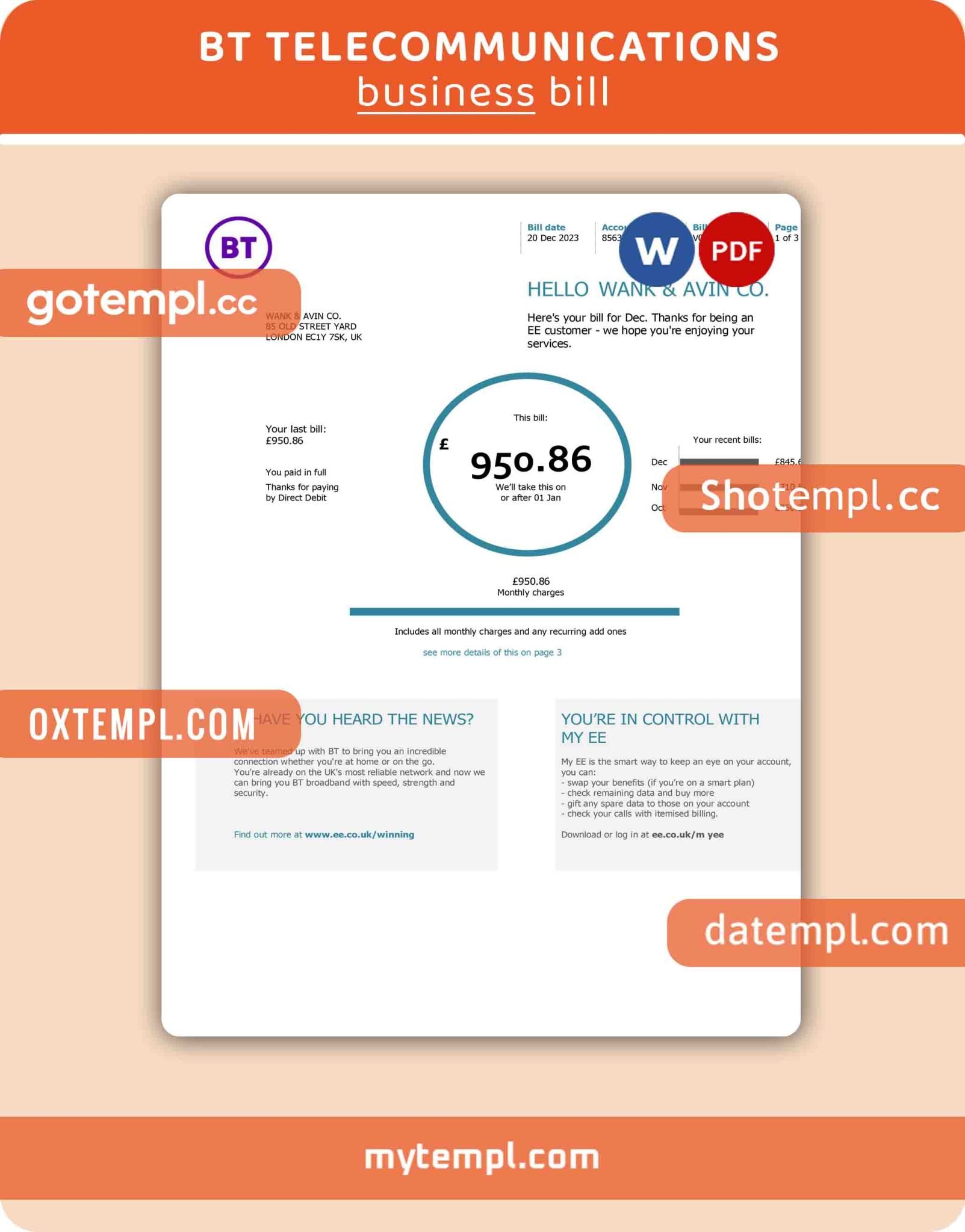 BT telecommunications business utility bill, Word and PDF template | download at gotempl.pro