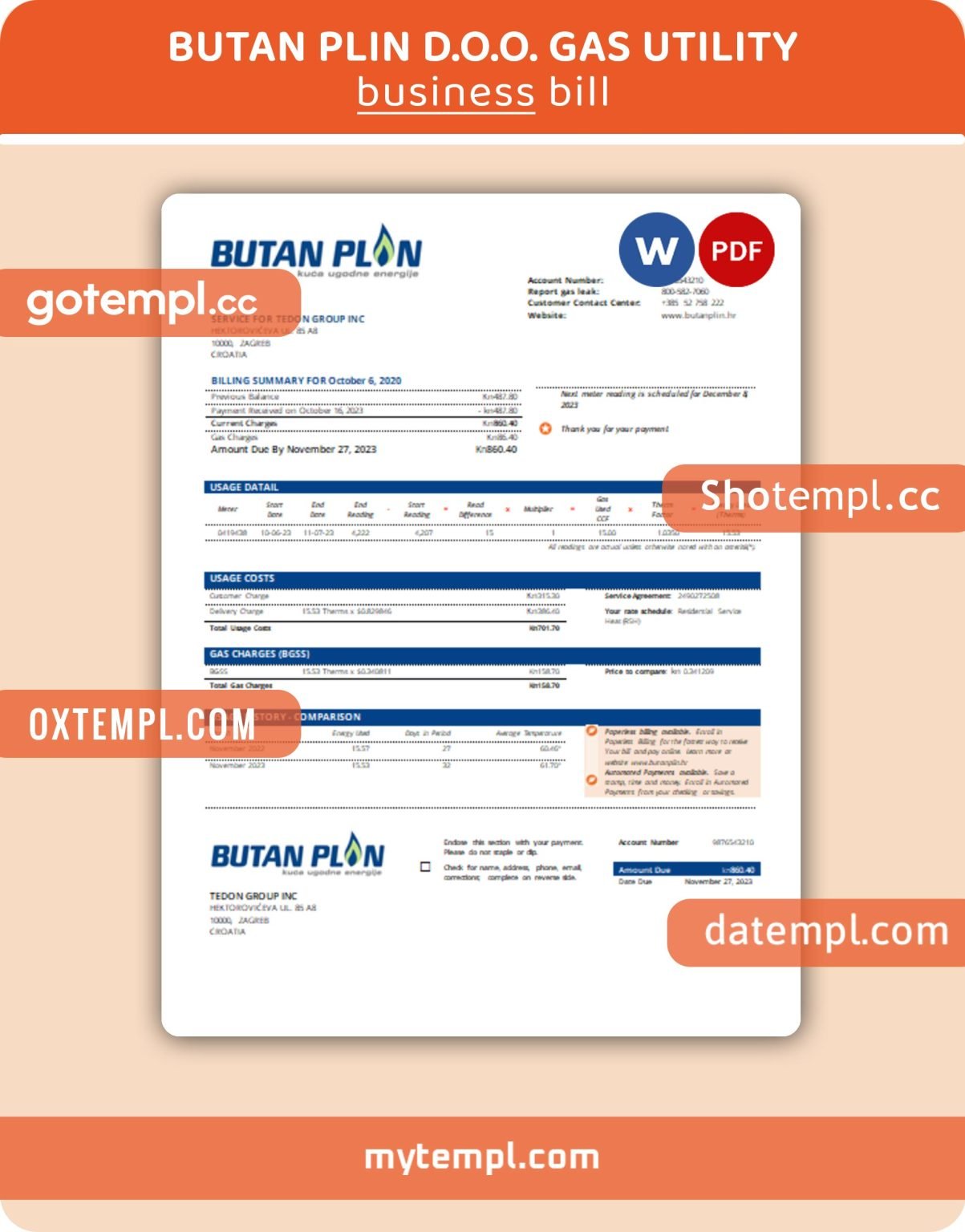 Butan Plin d.o.o. gas utility business bill, Word and PDF template ...