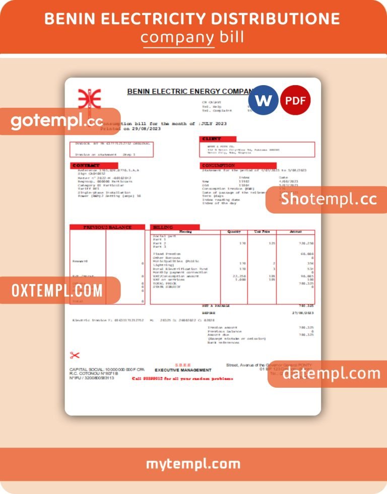 Benin Electricity Distribution Company Plc. business utility bill, Word ...