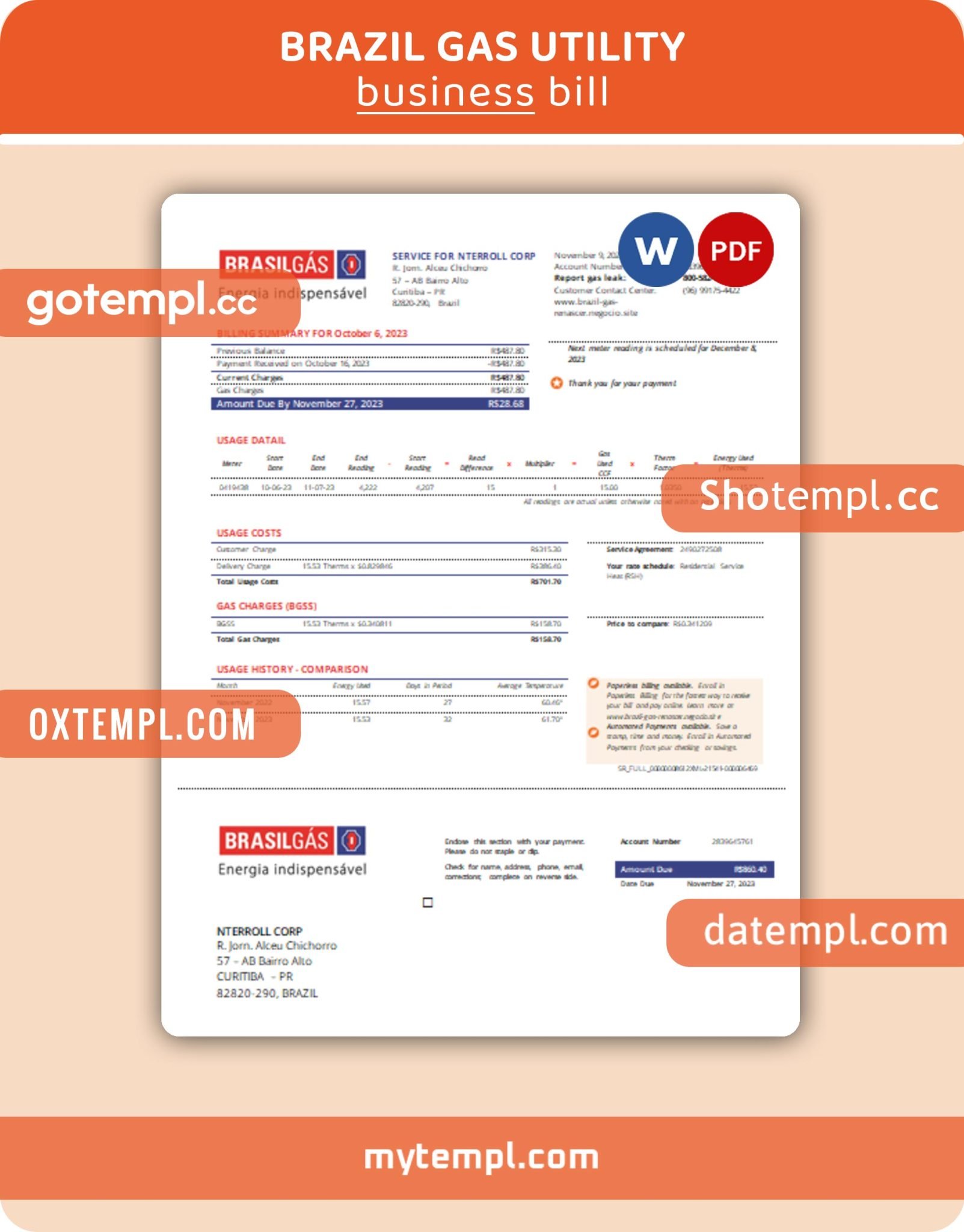 Creos Luxembourg gas business utility bill, PDF and WORD template | download at gotempl.pro