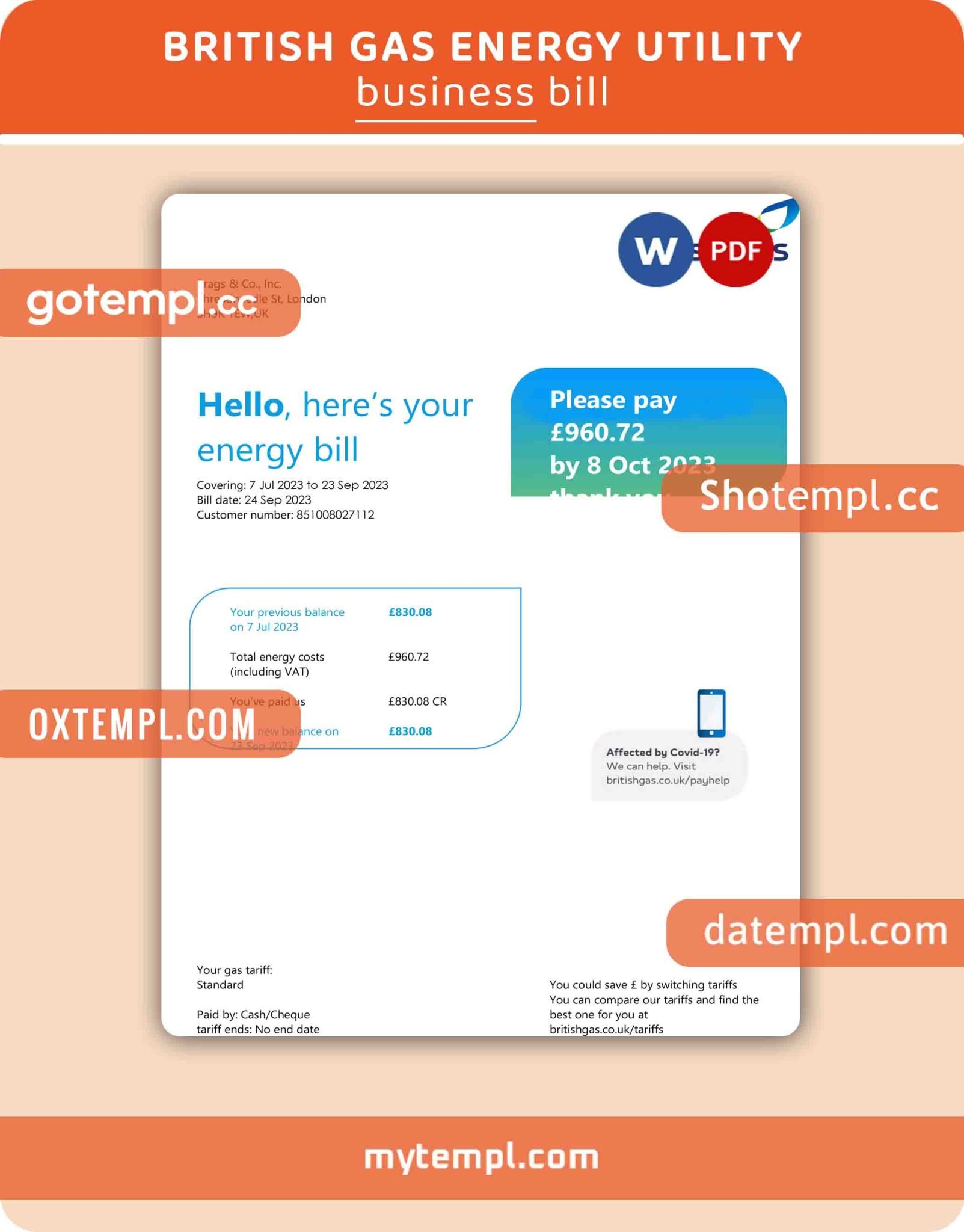 Electric Ireland utility business bill, Word and PDF template ...