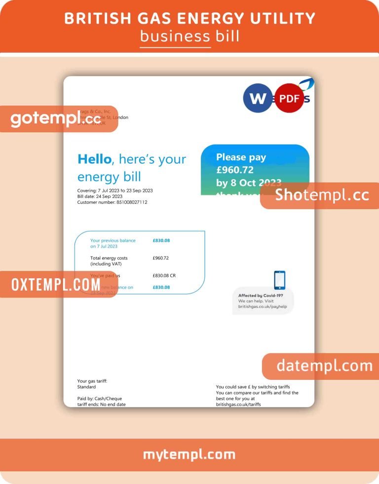 Alinta energy gas business utility bill, Word and PDF template ...