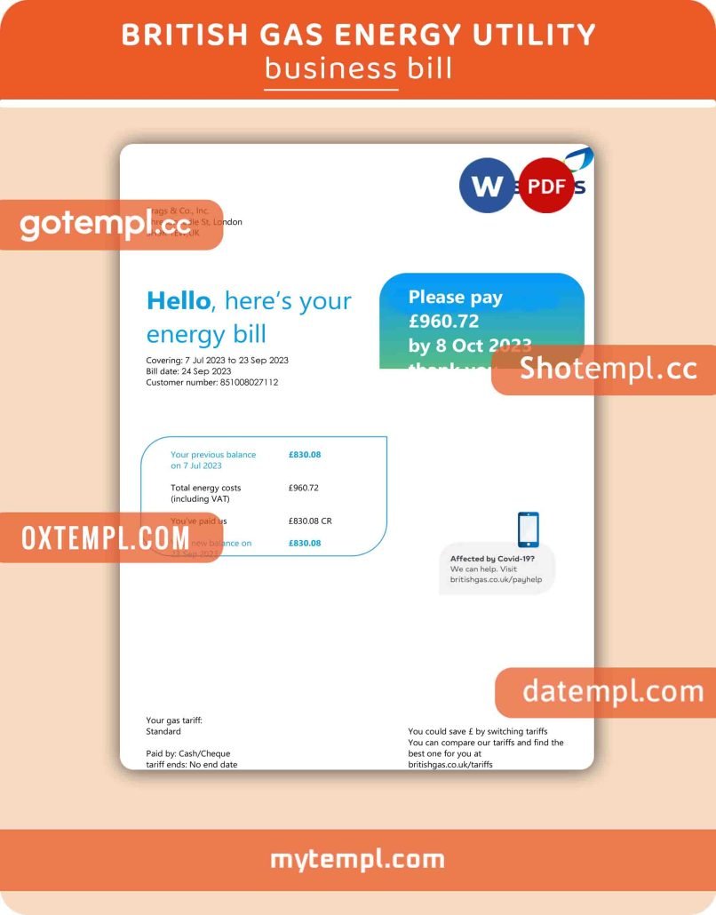 Alinta energy gas business utility bill, Word and PDF template | download at gotempl.pro