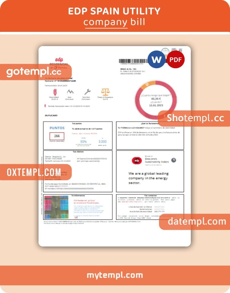 EDP Spain business utility bill, Word and PDF template | download at gotempl.pro
