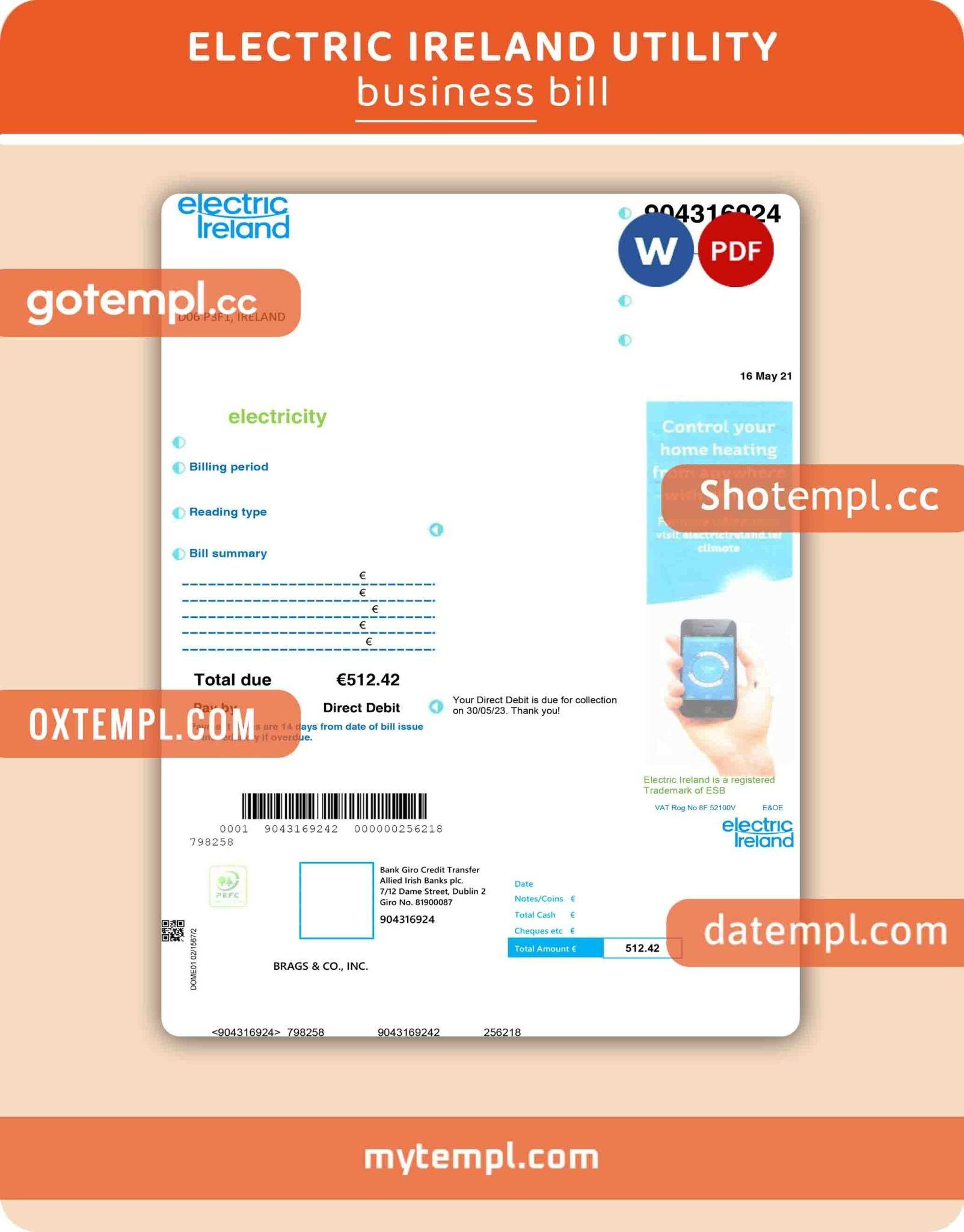 Electric Ireland utility business bill, Word and PDF template – GOTEMPL ...