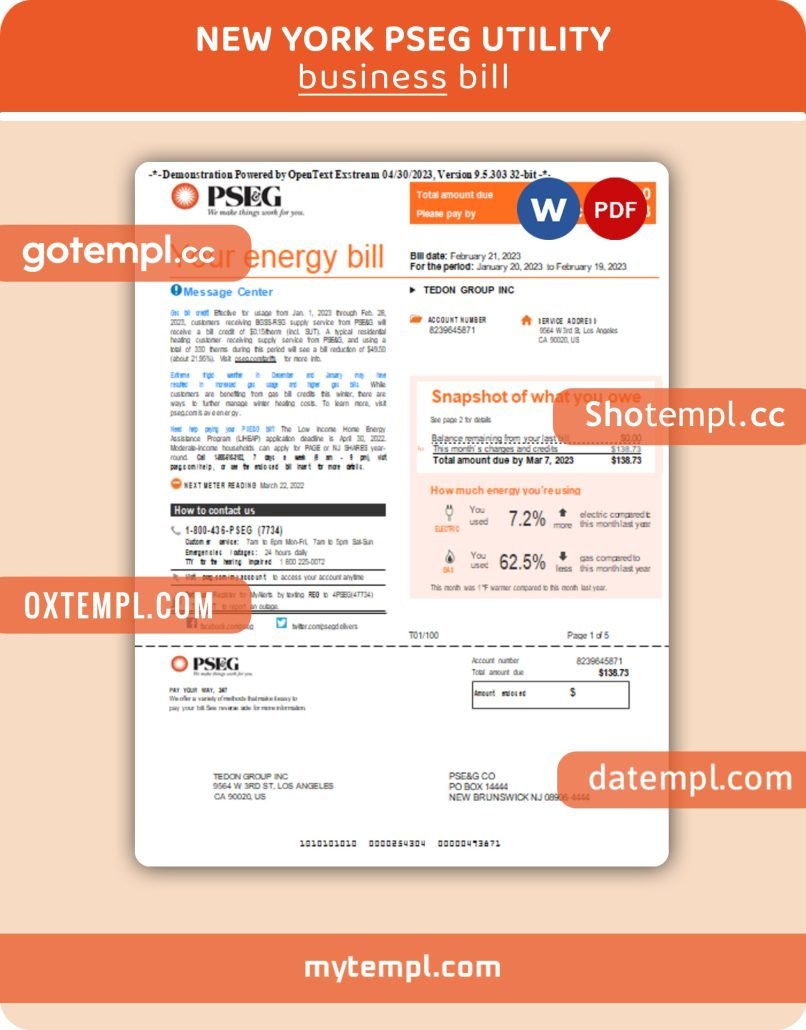 New York PSEG utility business bill, Word and PDF template | download at gotempl.pro