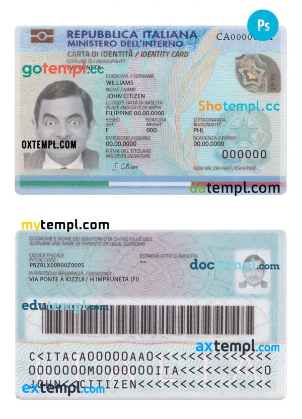 Italy ID card template in PSD format, 2016-present, version 2 – GOTEMPL ...