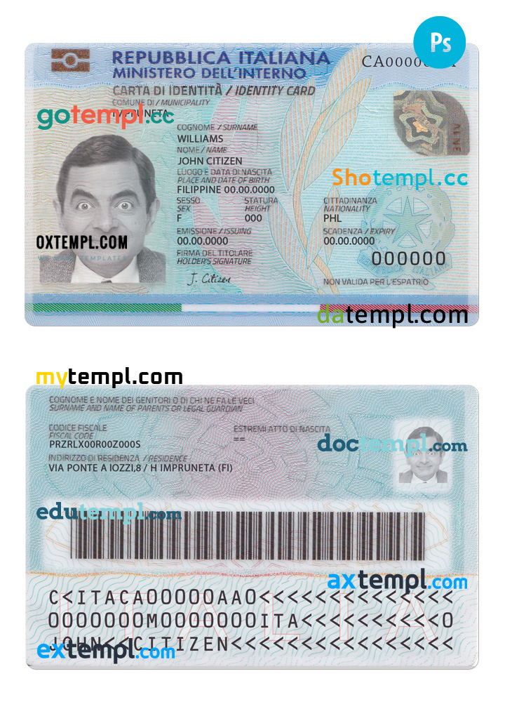 Italy ID card template in PSD format, 2016-present, version 2 ...