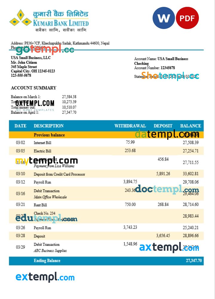 Nepal Kumari business account statement Word and PDF template – GOTEMPL ...