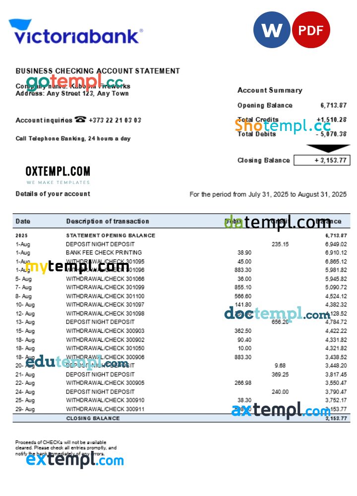 Victoriabank firm account statement Word and PDF template – GOTEMPL ...